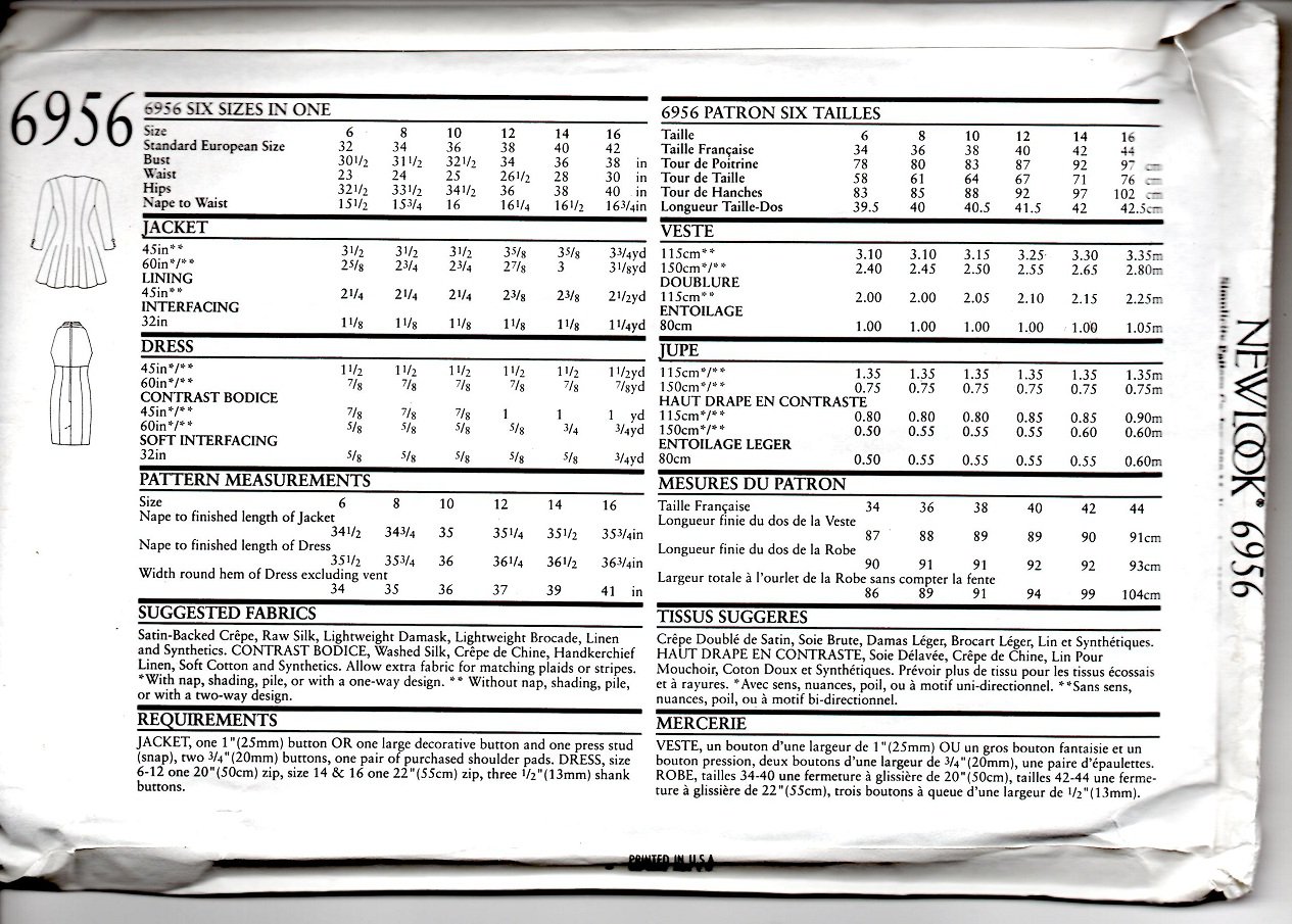 New Look Misses' Jacket /Dress Sewing Pattern - No. 6956 Sz. 6-16 - Uncut
