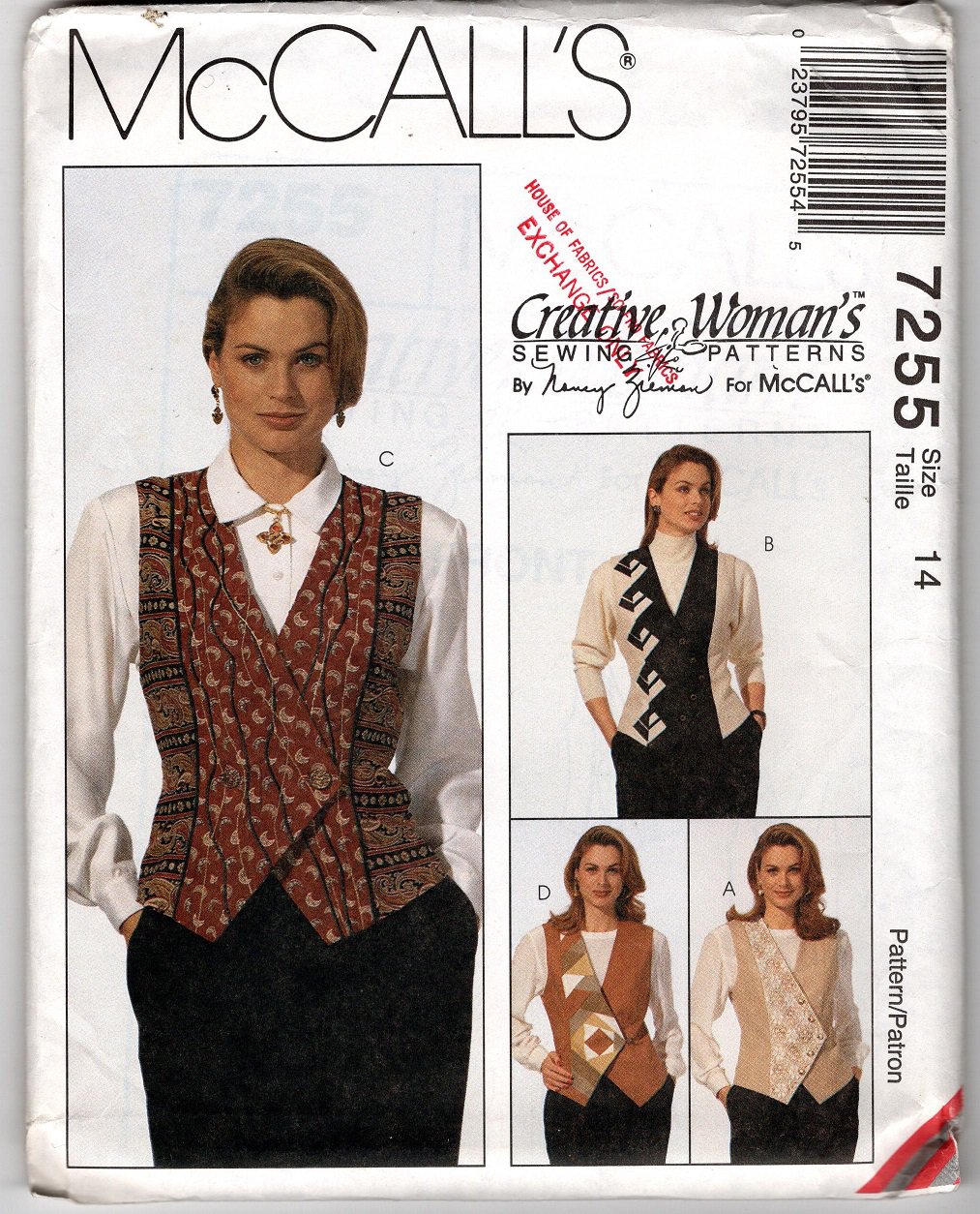 McCall's Creative Woman's 7255 Misses' Lined Vests Pattern Size 14 Uncut