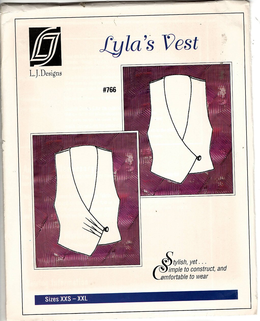 LJ Designs Lyla's Vest #766 Sizes XXS-XXL Sewing Pattern - Uncut