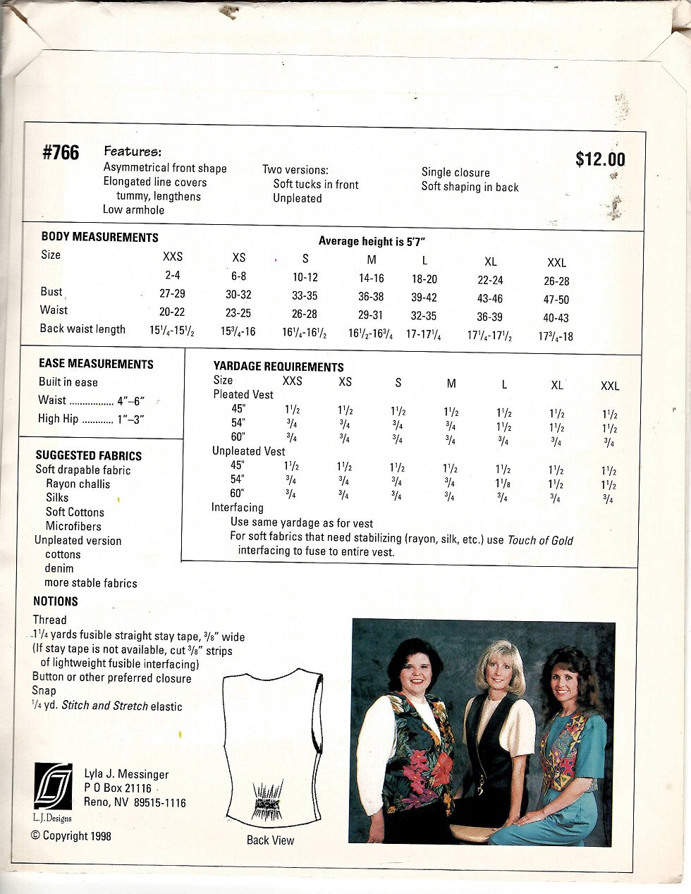 LJ Designs Lyla's Vest #766 Sizes XXS-XXL Sewing Pattern - Uncut