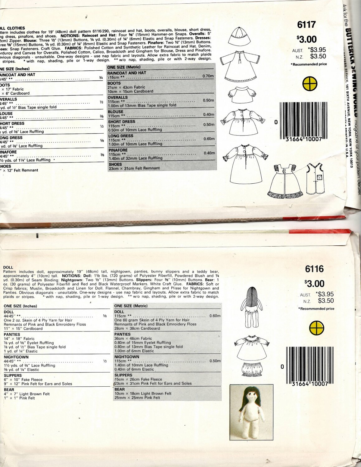 Butterick Crafts 6116 19" Doll and & 6117 Clothes Patterns - Uncut