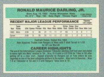 1984 Donruss # 30A ERR Ron Darling Rated Rookie RC Mets