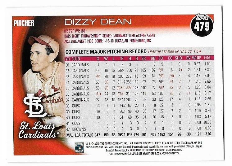 2010 Topps Baseball Card #479B Dizzy Dean SP Variation St. Louis ...