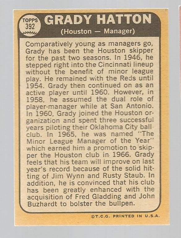 1968 Topps Baseball Card #392 Grady Hatton Houston Astros GD