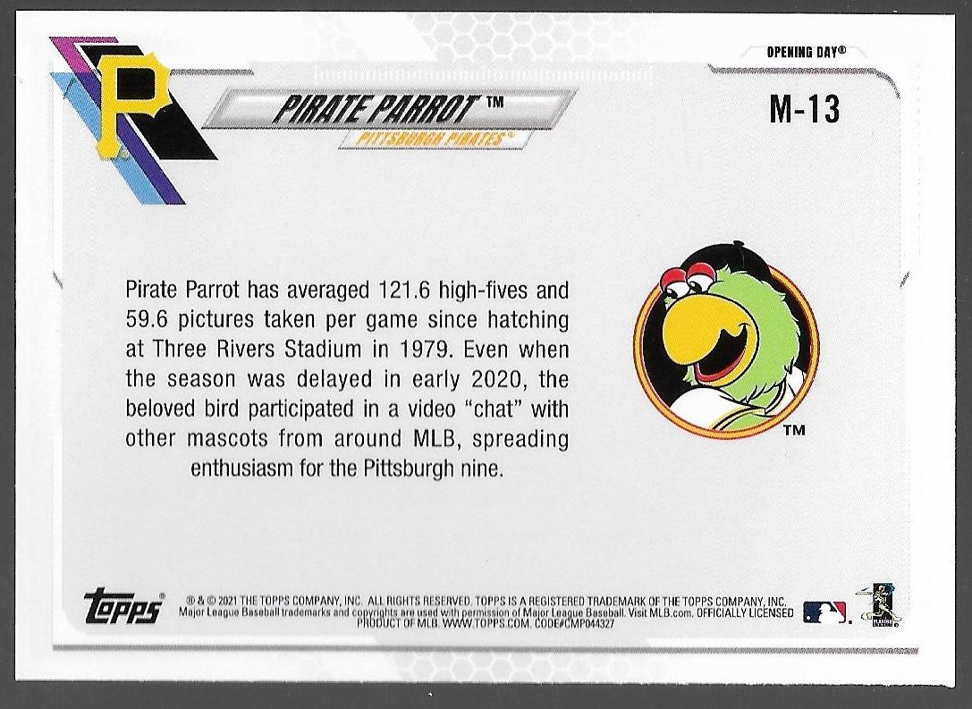 2021 Topps Opening Day Mascots Baseball Card #M-13 Pirate Parrot ...