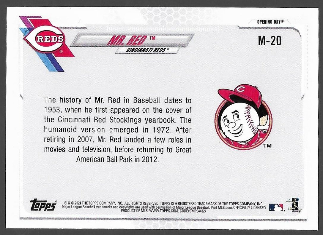 2021 Topps Opening Day Mascots Baseball Card #M-20 Mr. Red Cincinnati Reds