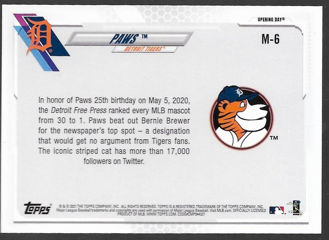 2021 Topps Opening Day Mascots Baseball Card #M-6 Paws Detroit Tigers
