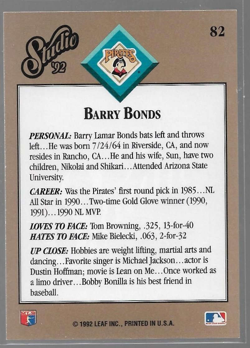 1992 Leaf Studio Baseball Card #82 Barry Bonds Pittsburgh Pirates