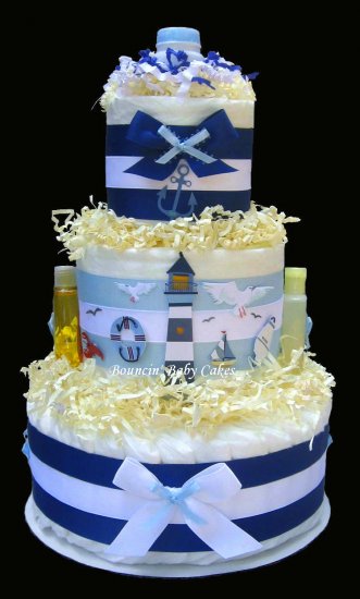 Nautical Blue Lighthouse Baby Shower Diaper Cake