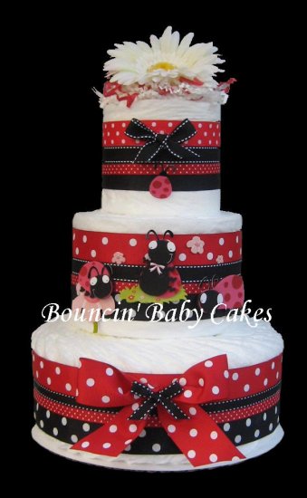 3 Tier Modern Ladybug (Red and Black) Baby Shower Diaper Cake Centerpiece