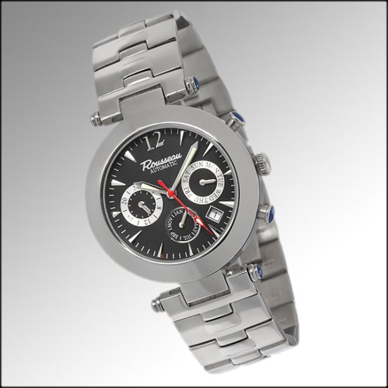 ROUSSEAU ALLEGRETTO MENS 22J AUTOMATIC WATCH NEW BLACK FACE & STAINLESS ...