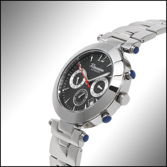 ROUSSEAU ALLEGRETTO MENS 22J AUTOMATIC WATCH NEW BLACK FACE & STAINLESS ...