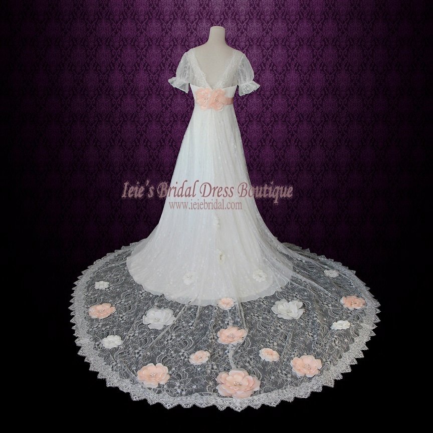 1920s Regency Style Empire Lace Wedding Dress with Sleeves with Peach ...