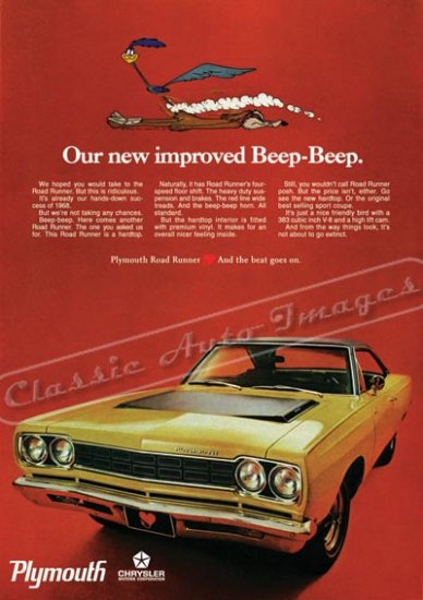 1968 Plymouth Road Runner Ad Digitized and Re-mastered Poster Print ...