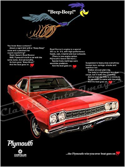 1968 Plymouth Road Runner Ad Digitized and Re-mastered Poster Print ...