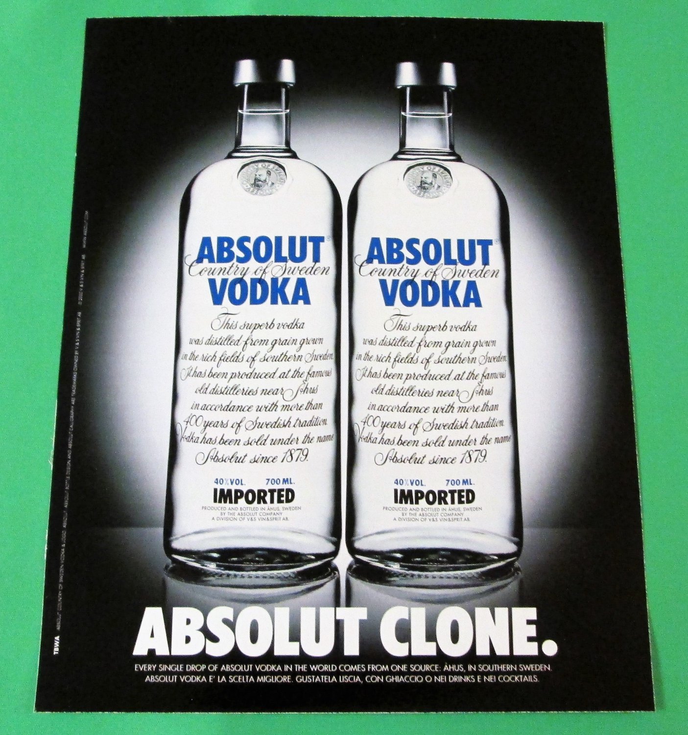ABSOLUT CLONE Italian Vodka Magazine Ad NOT TOO COMMON!