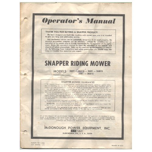Original 1974 Snapper Riding Mower Operators Manual - Manual No. 1-2064
