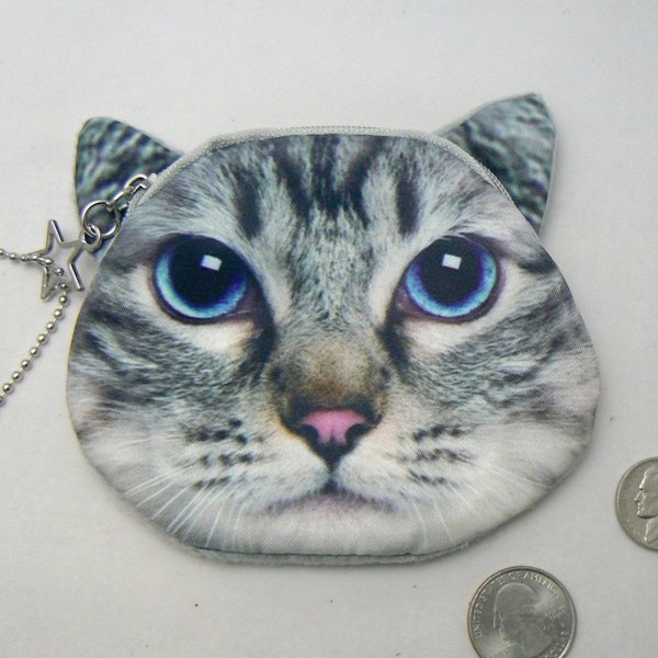 Gray Tabby Kitty Cat Face Coin Change Purse (EC-CHG104)