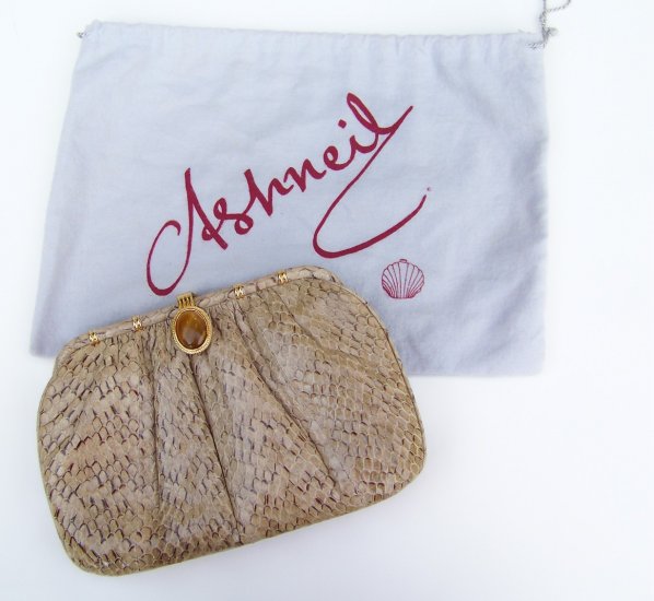 RARE Ashneil WhipSnake Skin Shoulder/Clutch Purse wTigerEye closure