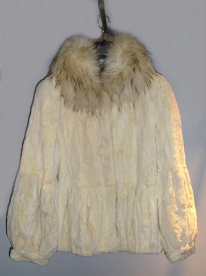 8115-White Rex Rabbit Coat with Raccoon Dog Collar