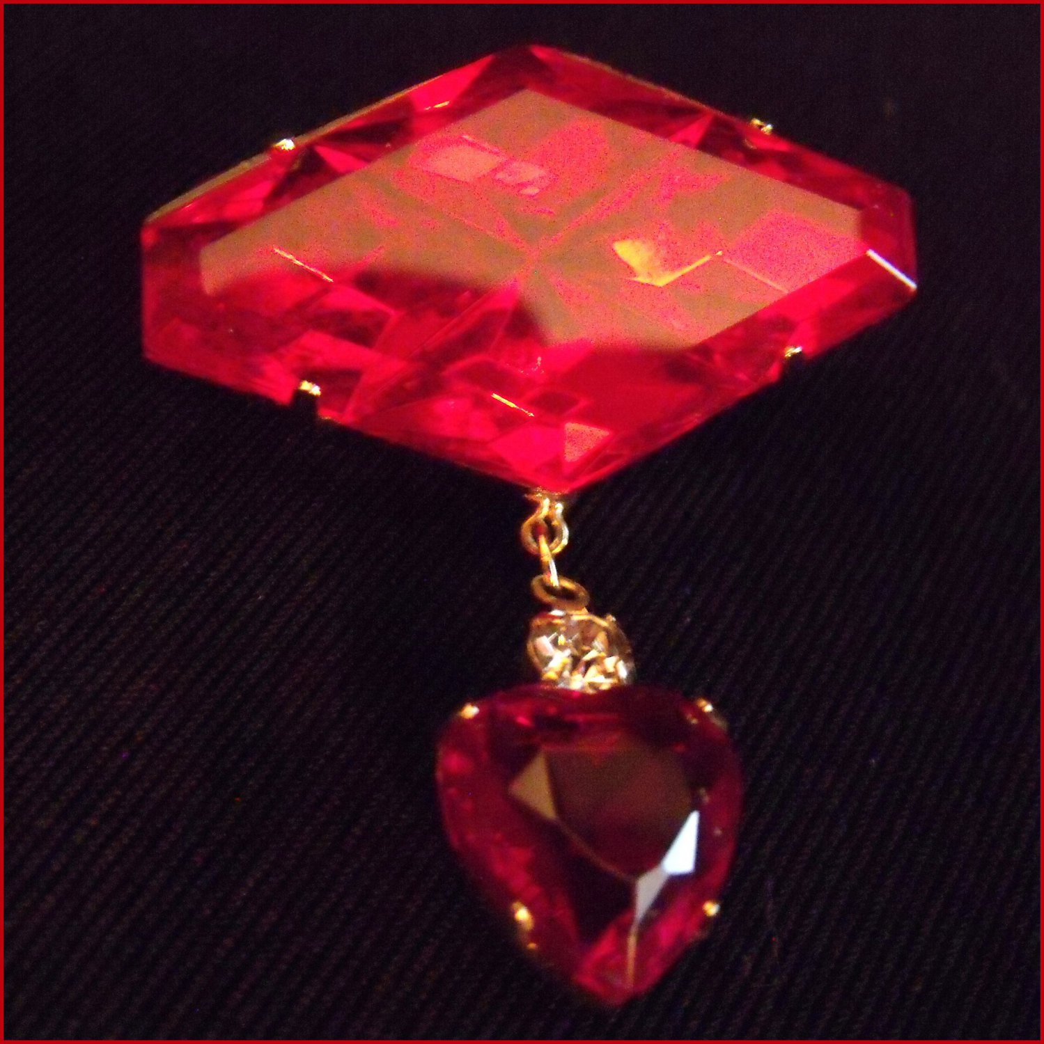 Art Deco Brooch Pin Red Rhinestone Heart Drop Vintage Jewelry
