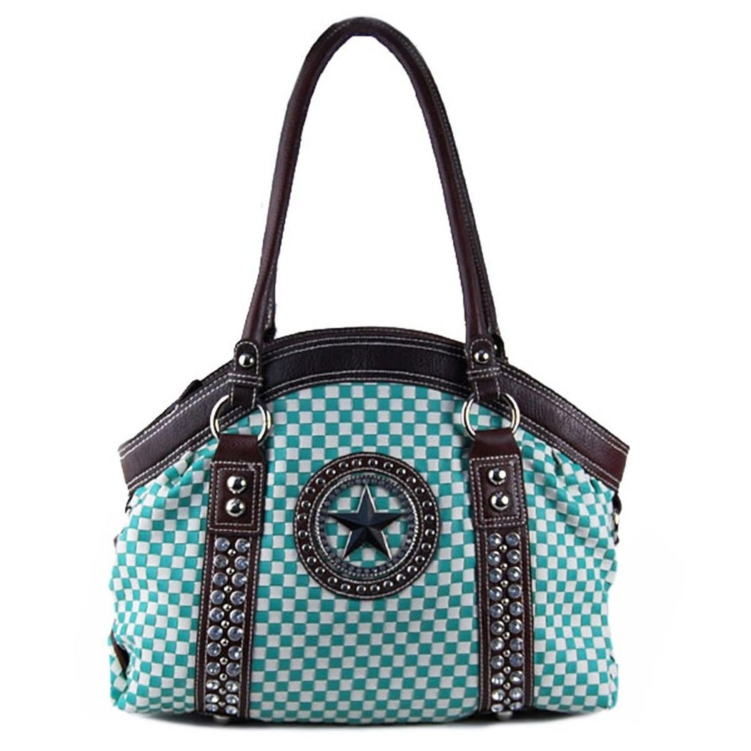 Western Cowgirl Star Emblem Checkered Pattern Handbag Tote Bag Aqua