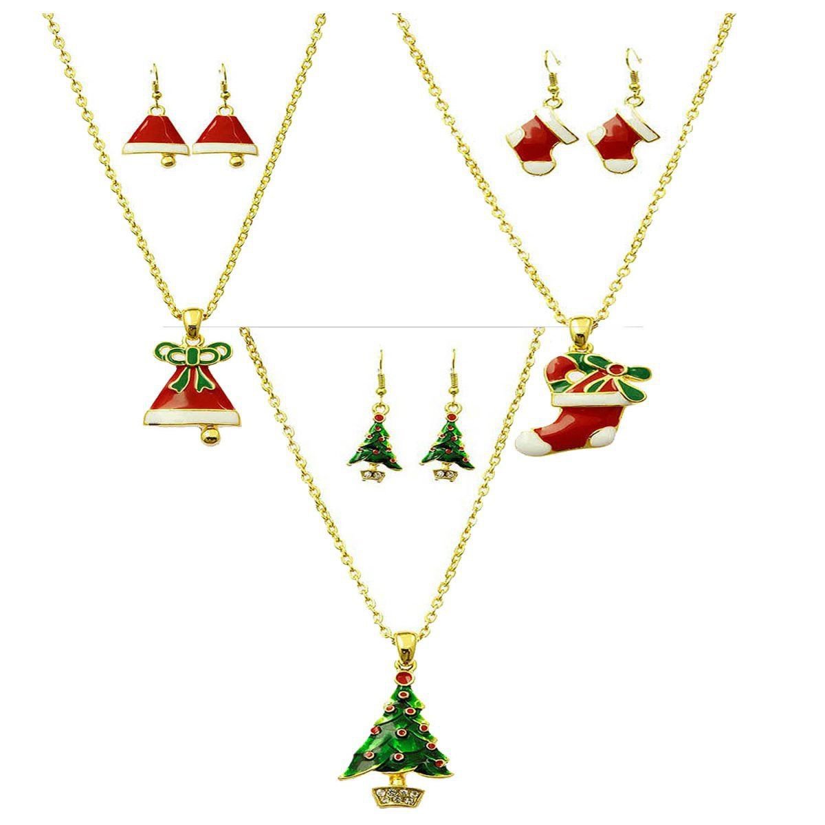 Christmas Themed Pendant Goldtone Necklace and Earrings, 24+2" Tree ...