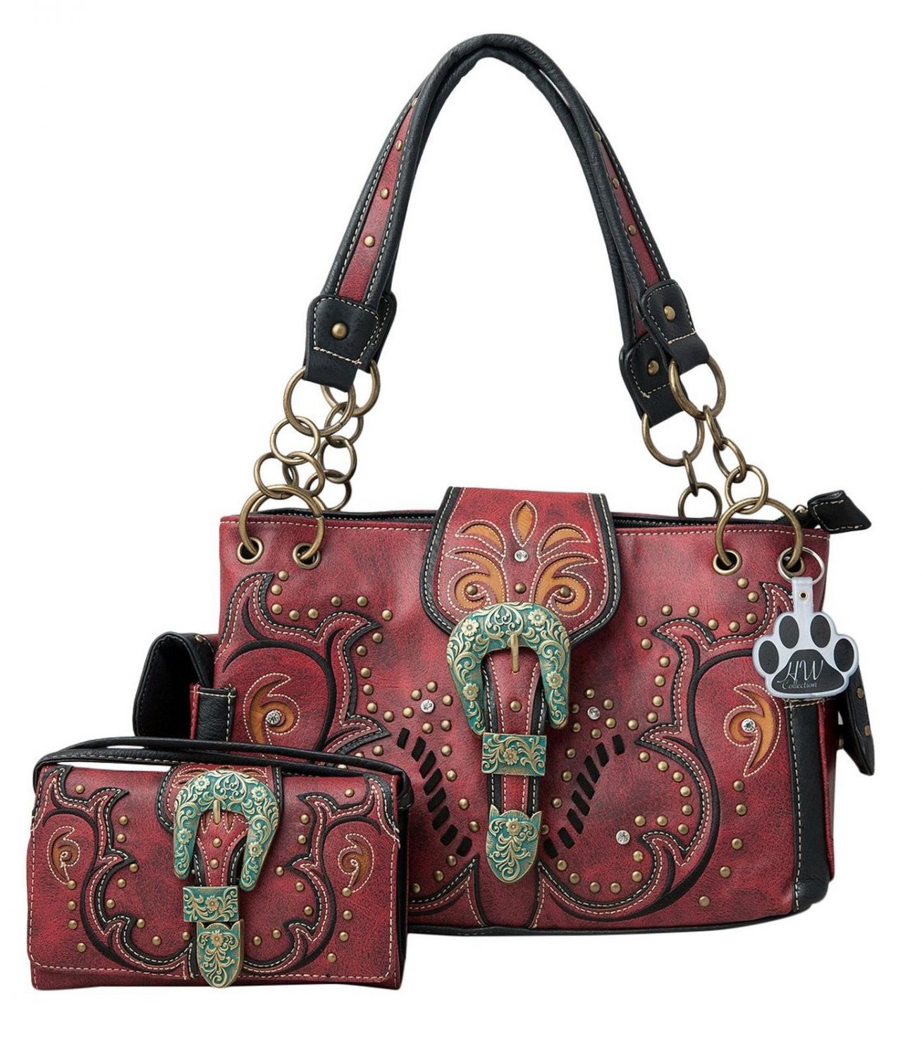 Western Floral Patina Bronze Buckle Concealed Carry Handbag and Wallet Red