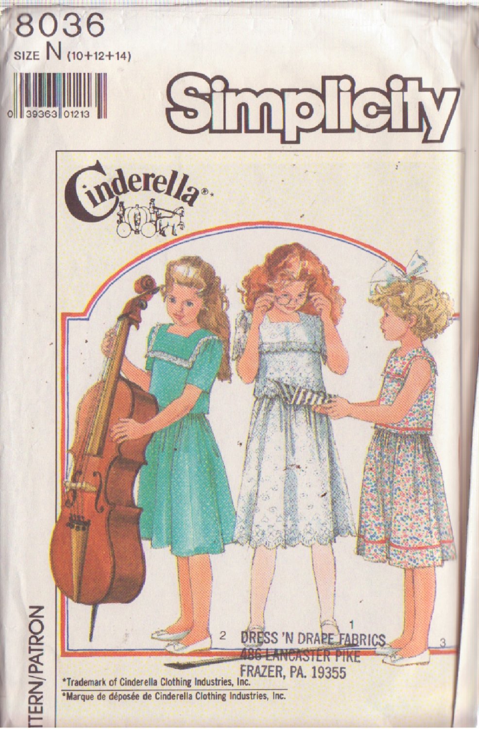 SIMPLICITY 8036 SIZES 10/12/14 PATTERN CHILD'S LINED DRESS 3 VARIATIONS