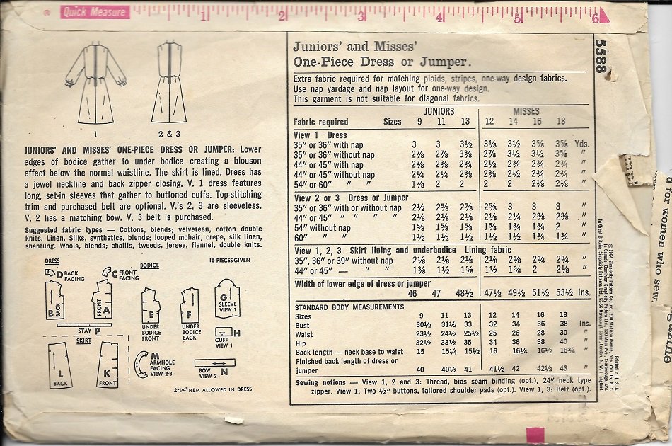 SIMPLICITY 1964 VINTAGE 5588 SIZE 14 MISSES' 1 PIECE DRESS OR JUMPER