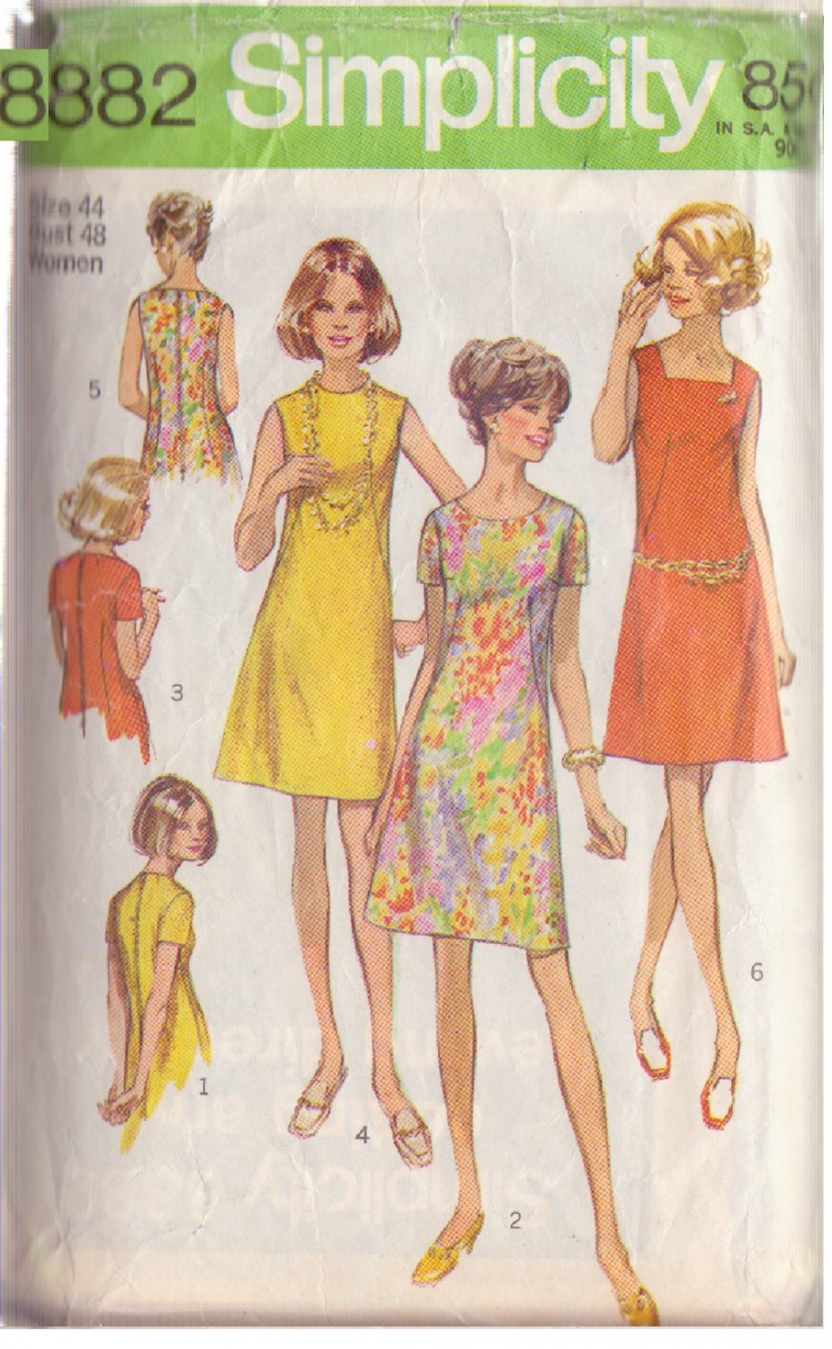 SIMPLICITY VINTAGE 1970 PATTERN 8882 SIZE 44 DRESS 3 NECKLINES