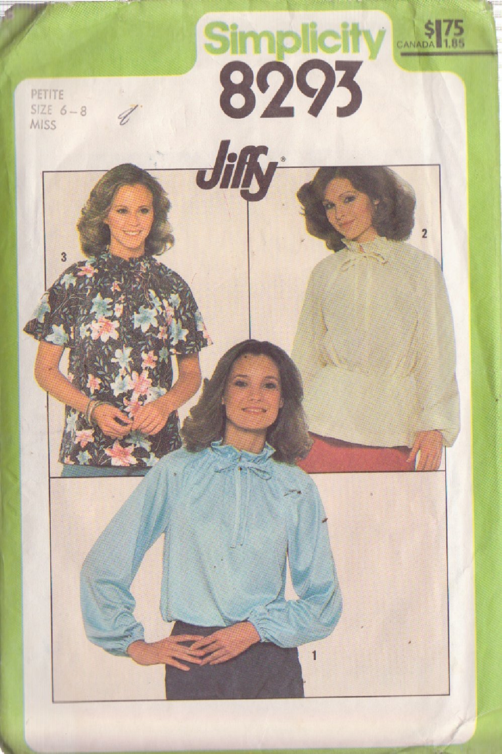 SIMPLICITY PATTERN 8293 SIZE 6/8 MISSES PULLOVER BLOUSE IN 3 VARIATIONS