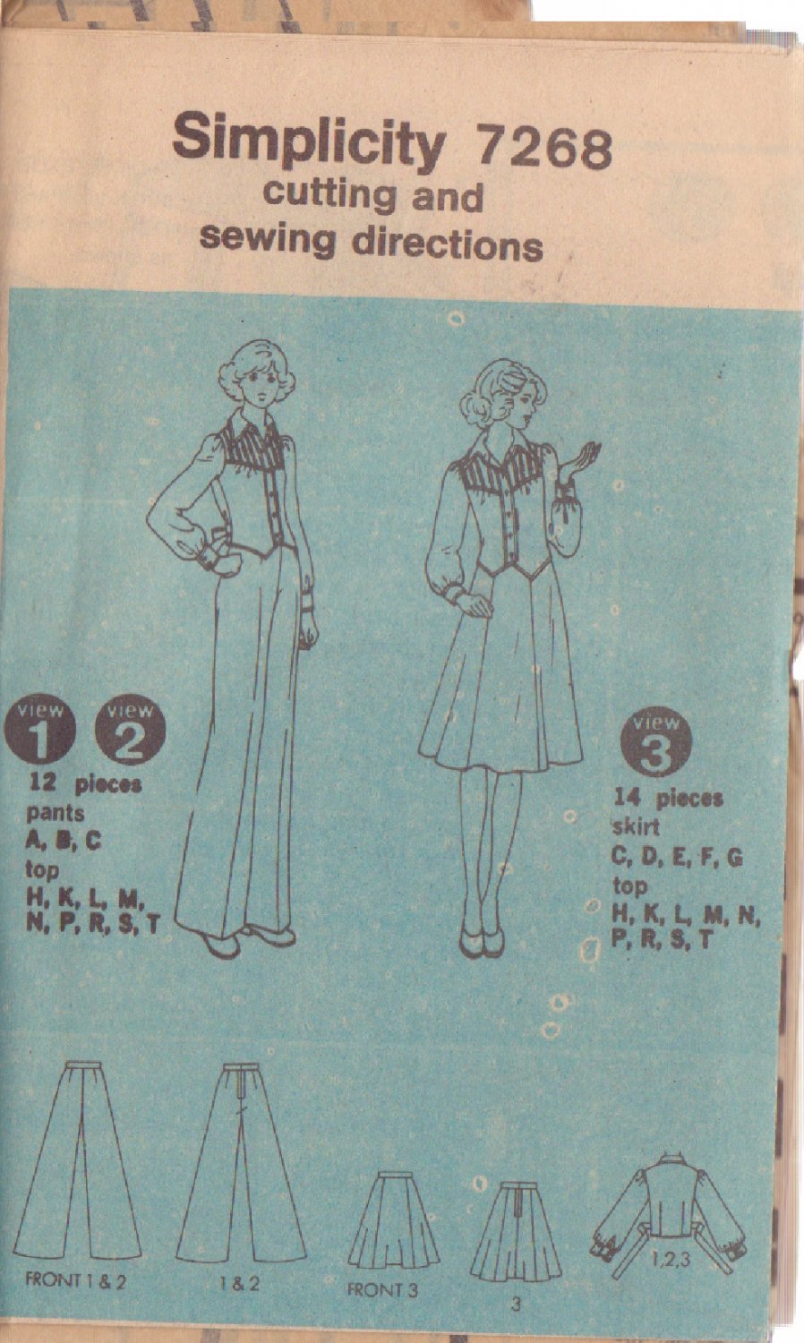 SIMPLICITY VINTAGE PATTERN 7268 SIZE 8 MISSES' TOP, SKIRT, PANTS