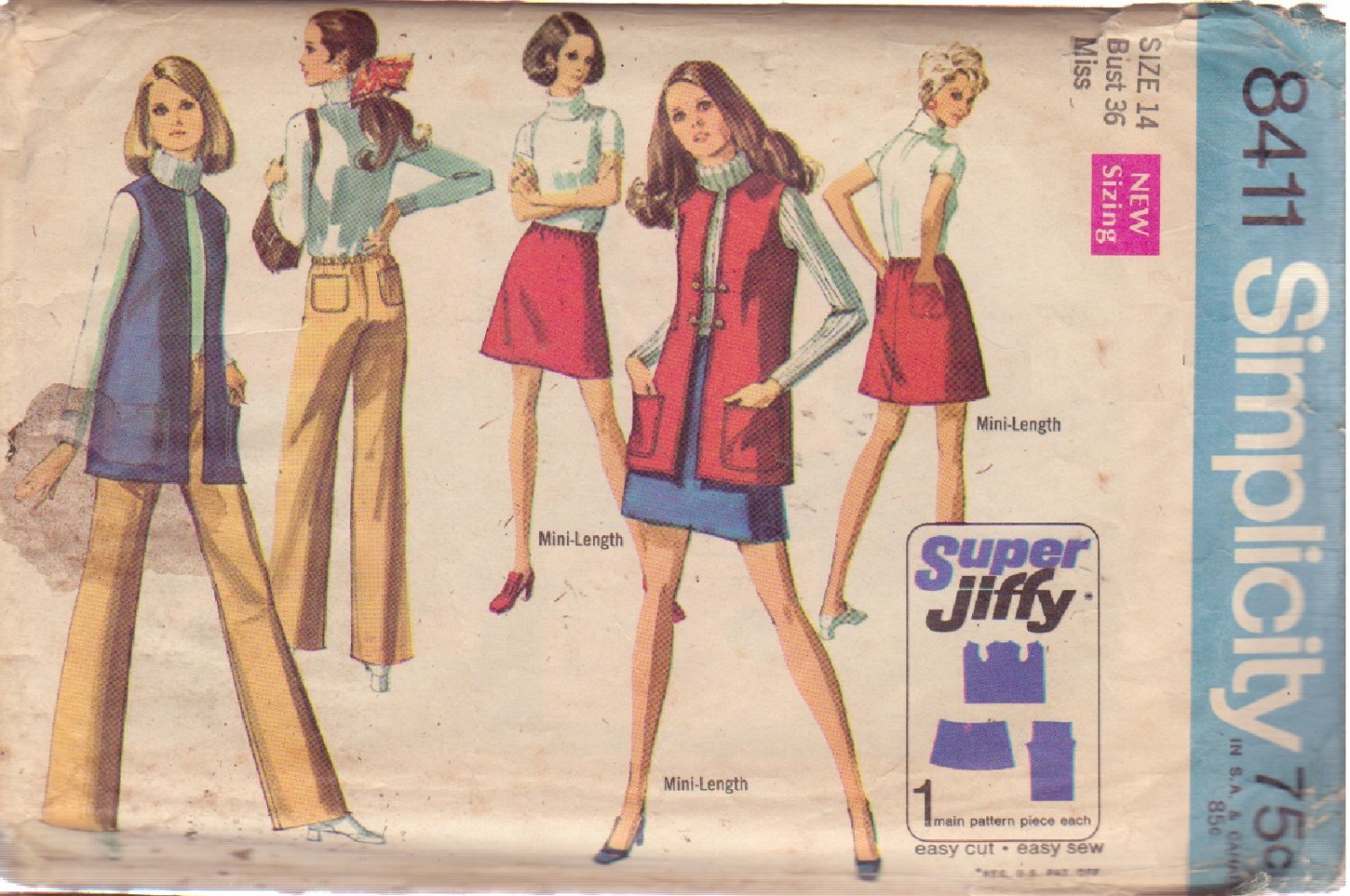 SIMPLICITY PATTERN 8411 SZ 14 MISSES MINI-SKIRT, VEST, HIP HUGGER PANTS #1