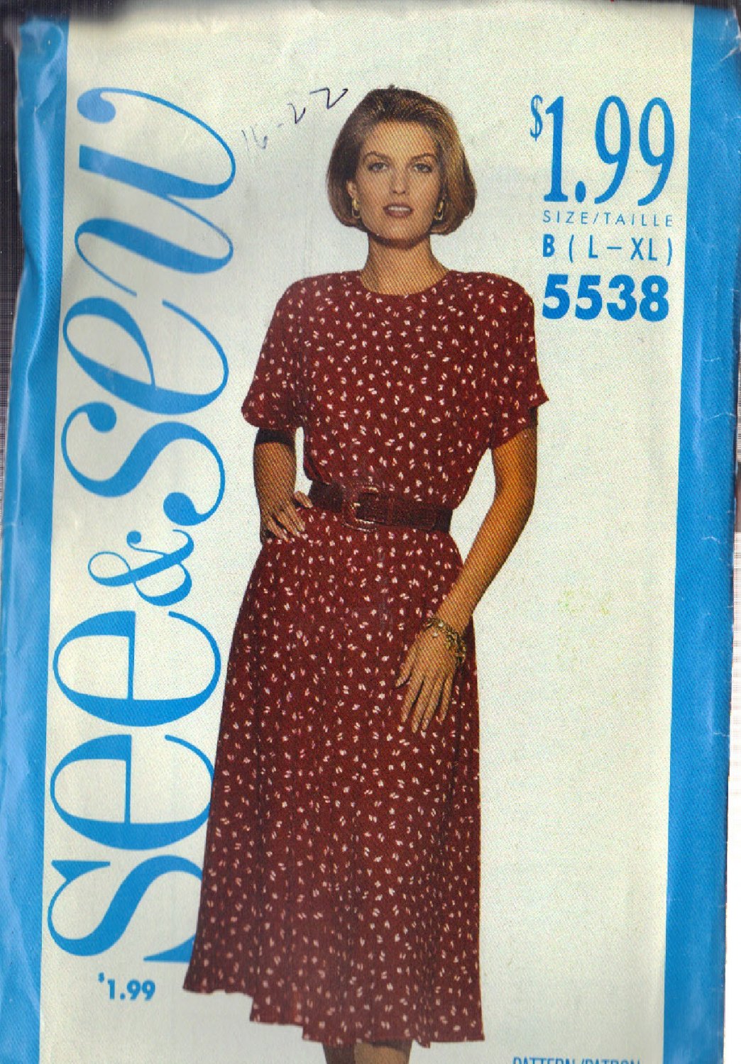 BUTTERICK PATTERN 5538 MISSES' DRESS SIZES LG 16-18, XLG 20-22 UNCUT