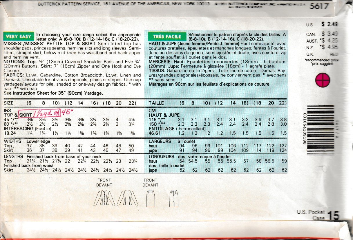 BUTTERICK PATTERN 5617 SIZES 6/8/10 MISSES' SUIT