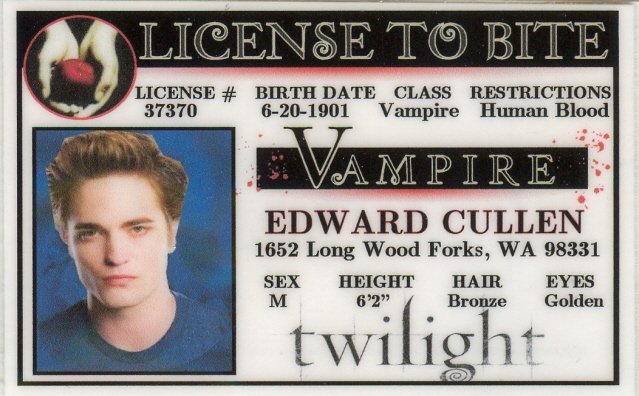 Twilight Edward Cullen License To Bite Card