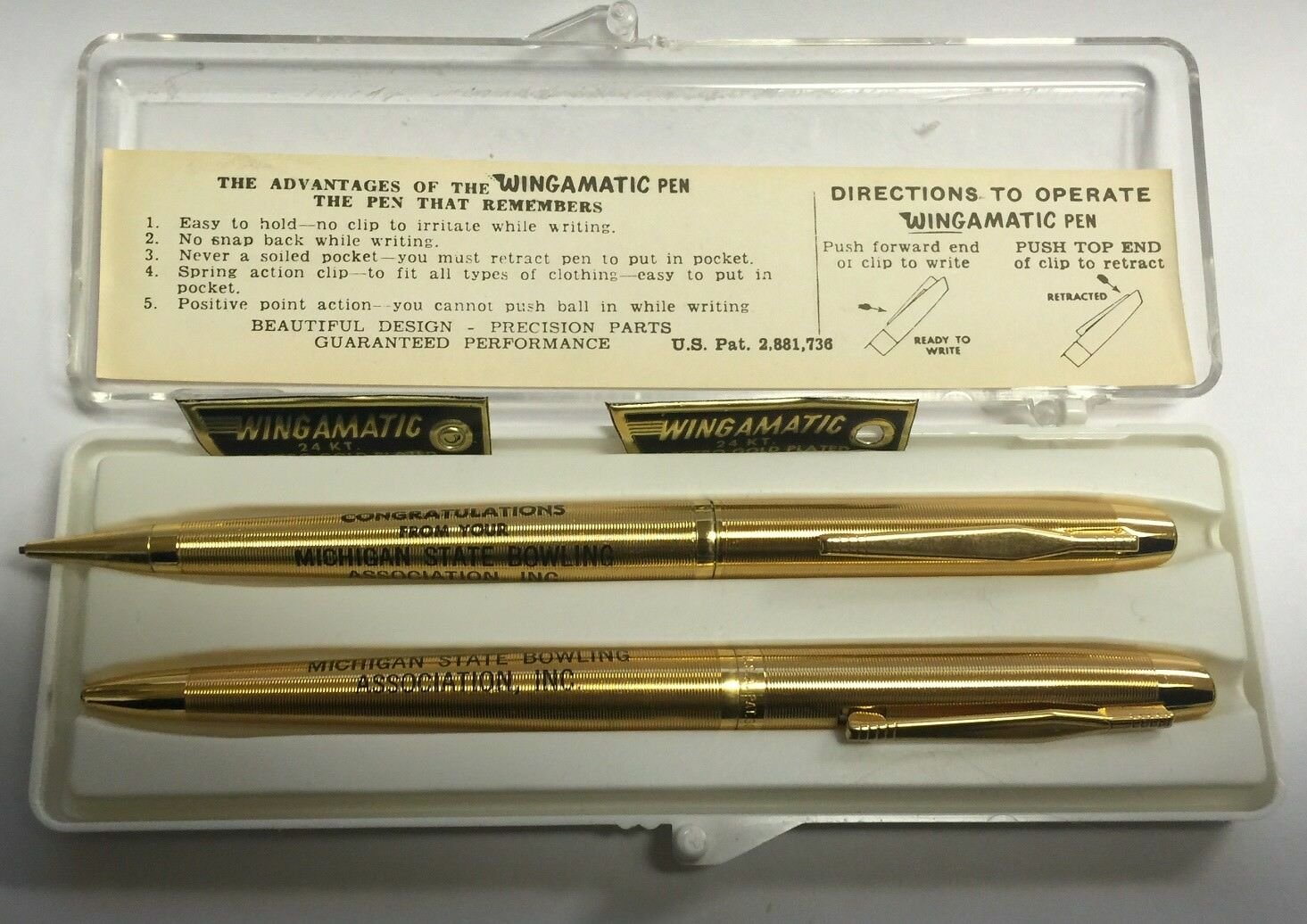 WINGAMATIC Vintage 24k Pen & Pencil Michigan State Bowling Gift Set w/ Case