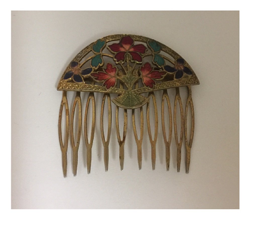 Vintage Cloisonne Floral Enamel Hair Slide Comb - Japanese Flowers & Fan