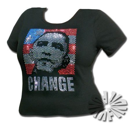 Barack Obama CHANGE T-Shirt L RHINESTONE Bling AMERICAN
