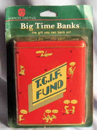 TGIF Red Cartoon Tin Bank American Greetings NIP 1985