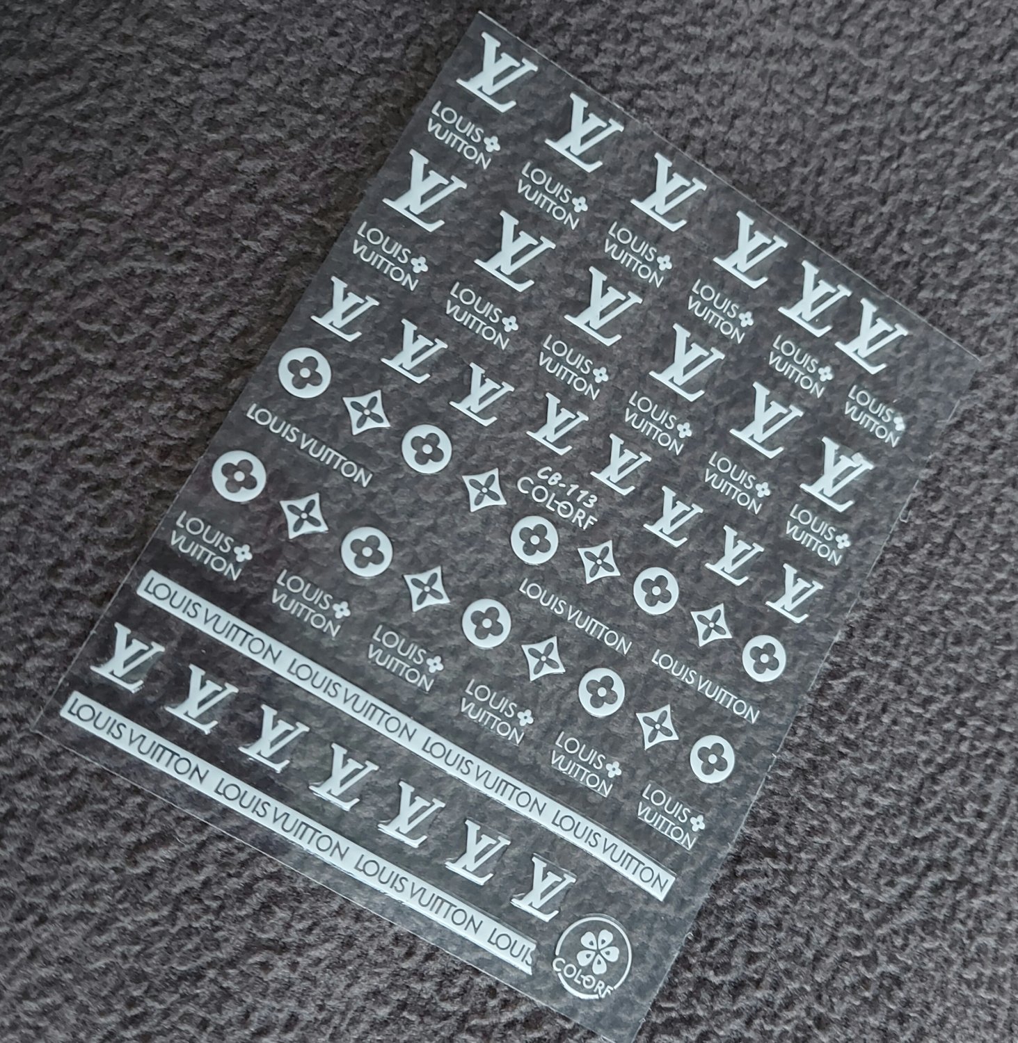 5 Sheets Designer LV Word Logo 3D Nail Color Art LV Stickers Decal S6