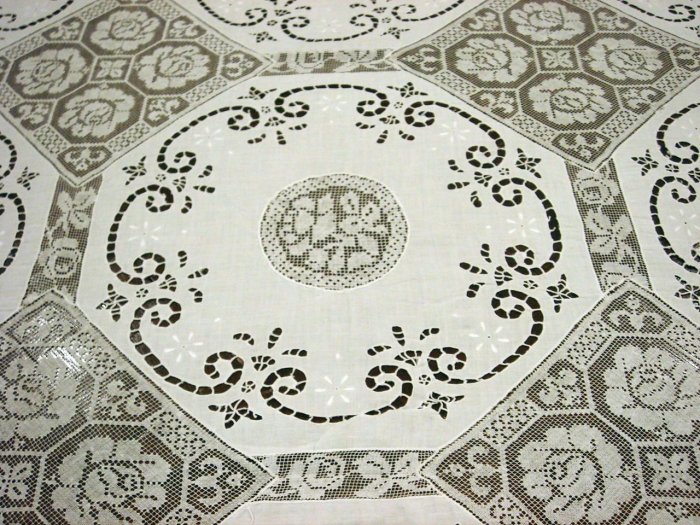 Vintage Banquet Size HANDMADE Linen Cutwork, Filet Lace Tablecloth ...