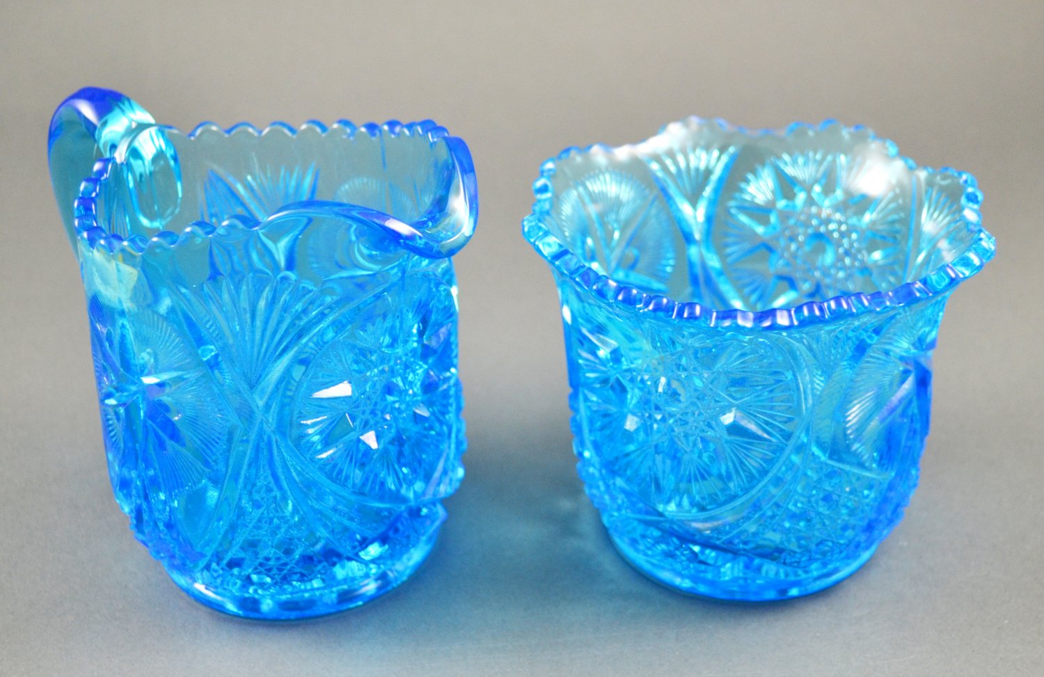 Vintage Kemple Yutec Blue Glass Creamer & Open Sugar