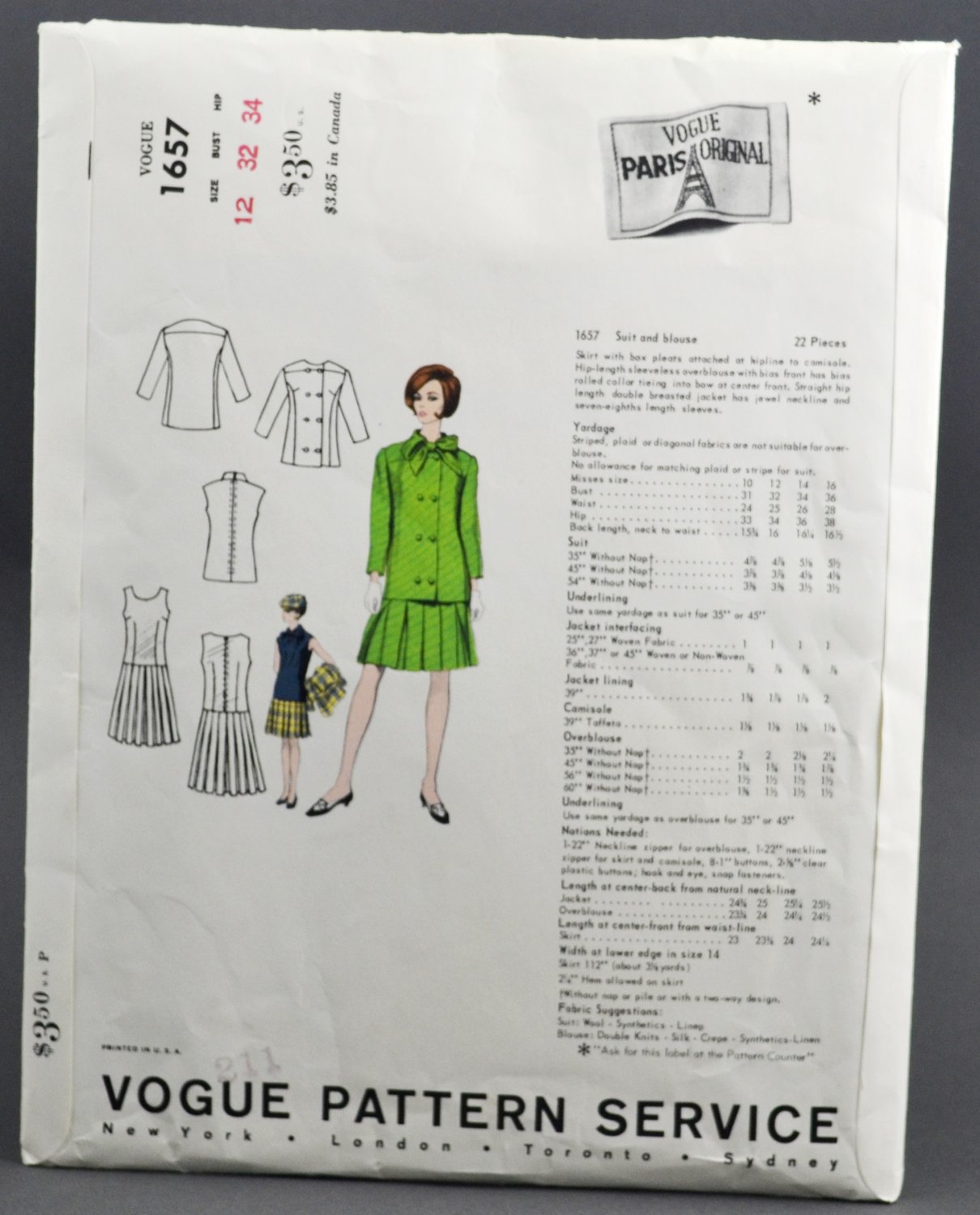 Vogue Paris Original Pattern 1657 Jacques Heim Suit & Blouse Size 12