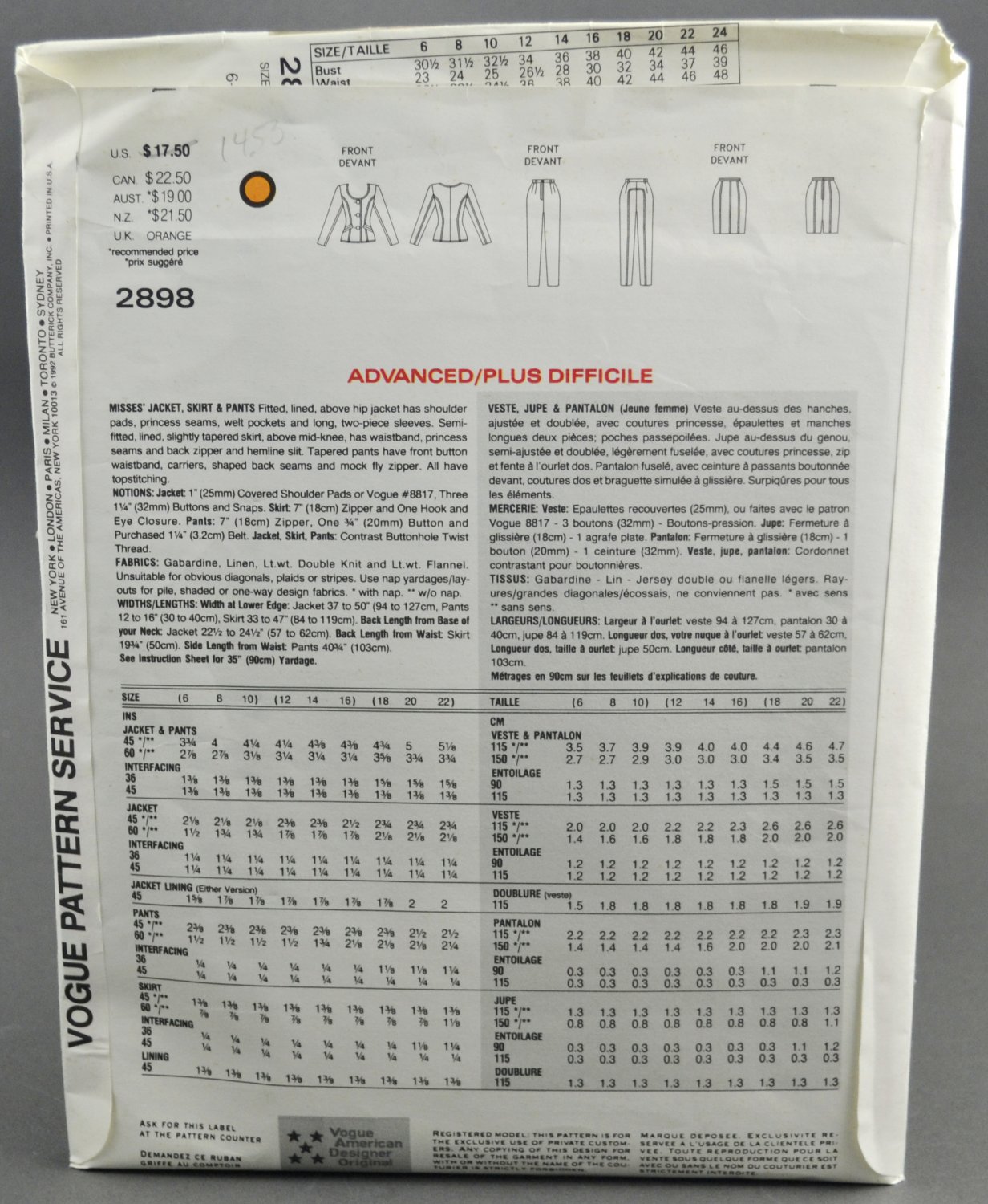 Vogue Attitudes 2898 Charlotte Neuville Jacket Pants & Skirt Misses ...