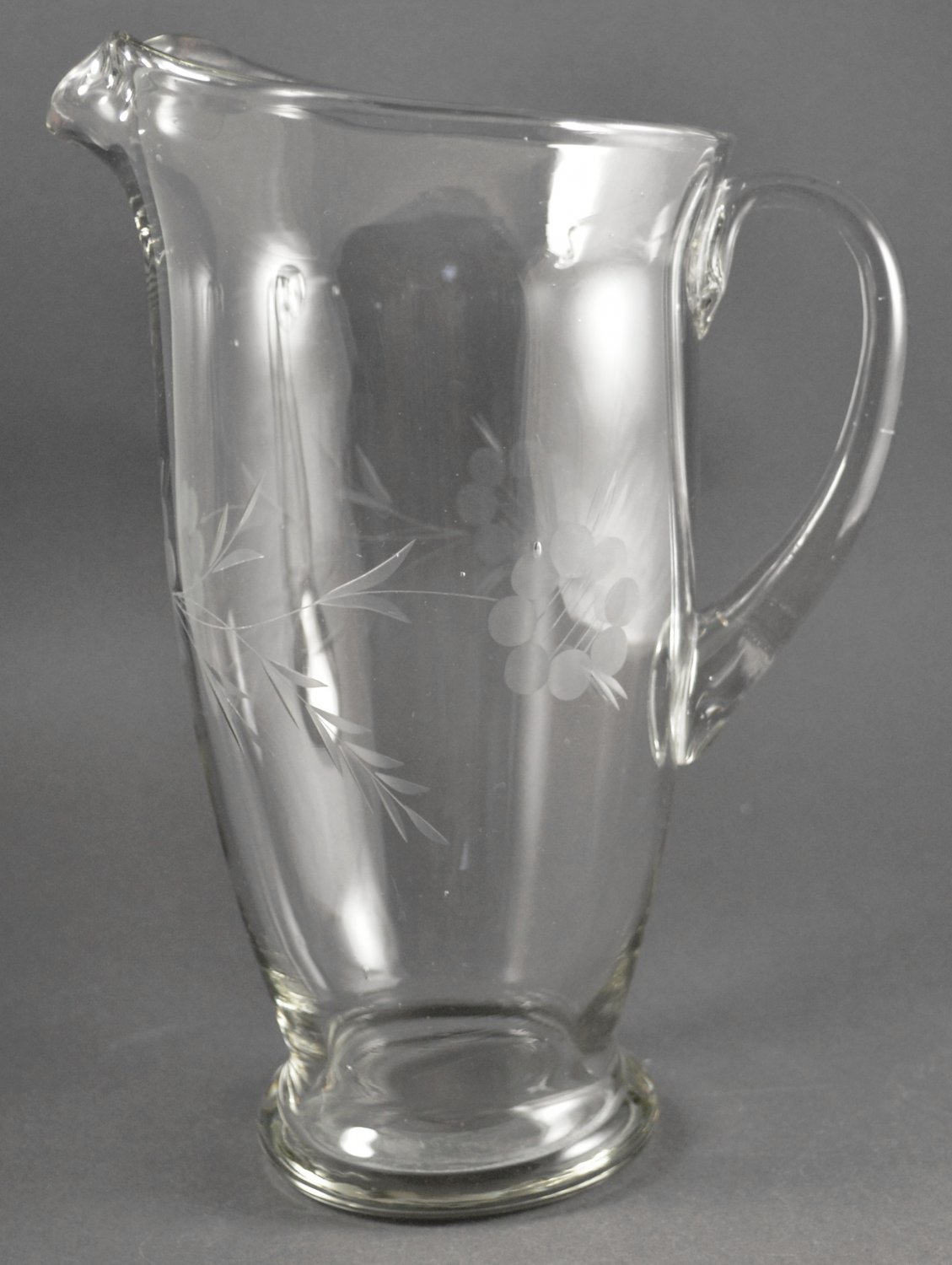 Tall Glass Pitcher w/ Applied Handle Lip Etched Floral & Vine