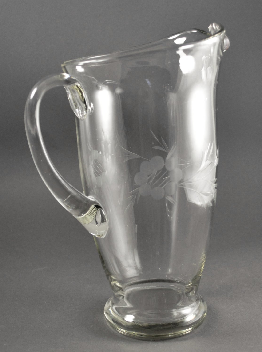 Tall Glass Pitcher w/ Applied Handle Lip Etched Floral & Vine