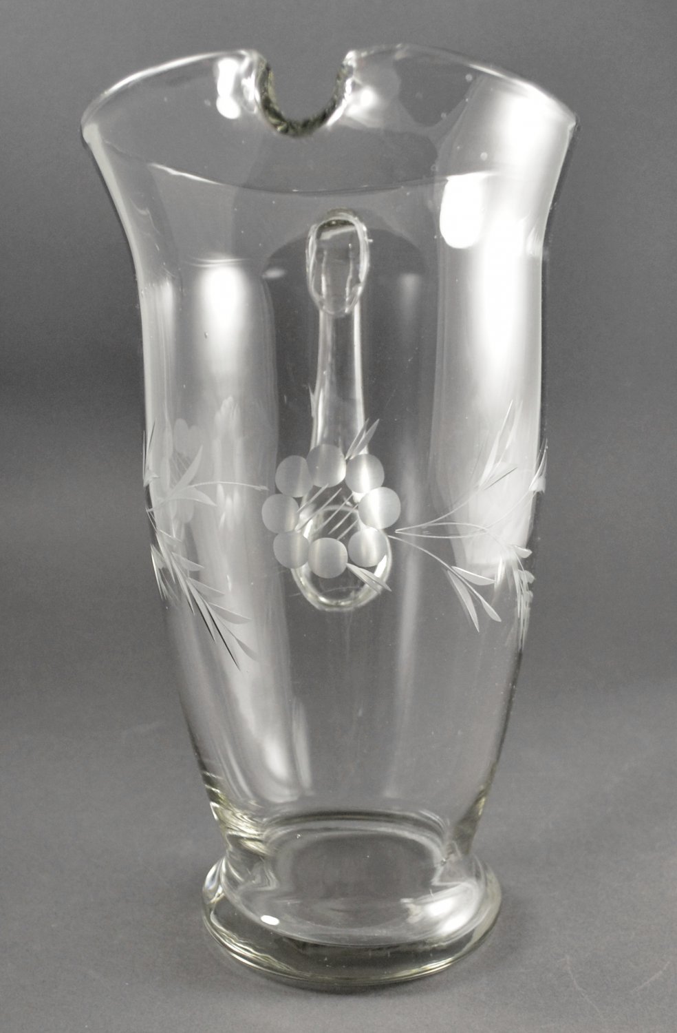 Tall Glass Pitcher w/ Applied Handle Lip Etched Floral & Vine