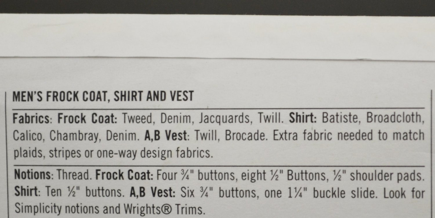 Simplicity 2895 Old West Halloween Costume Sewing Pattern Men's Coat ...